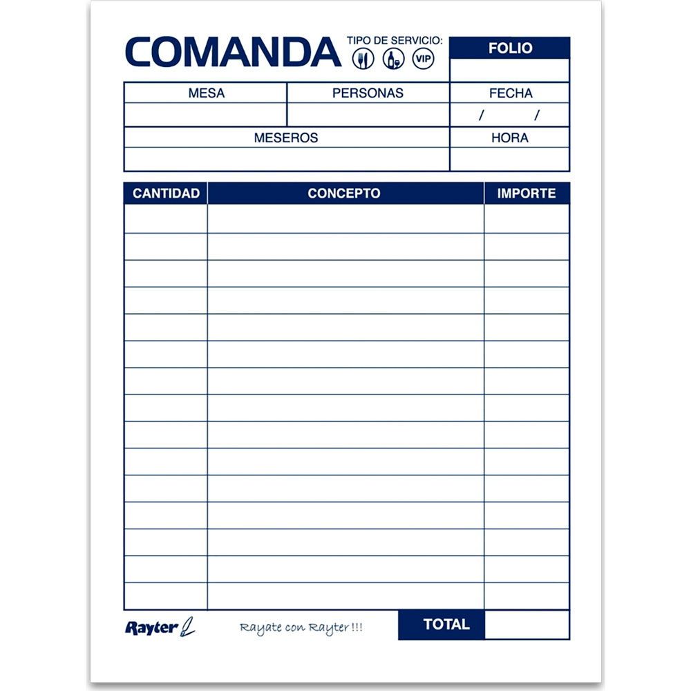 Block Comandas 1/4 de Carta En Papel Bond blanco con 40 Hojas