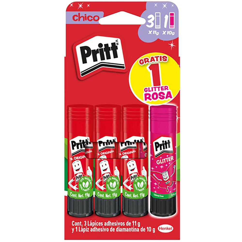 Lápiz Adhesivo Pritt 11g 3P + 10g Rosa con 4 | Papelería Lumen