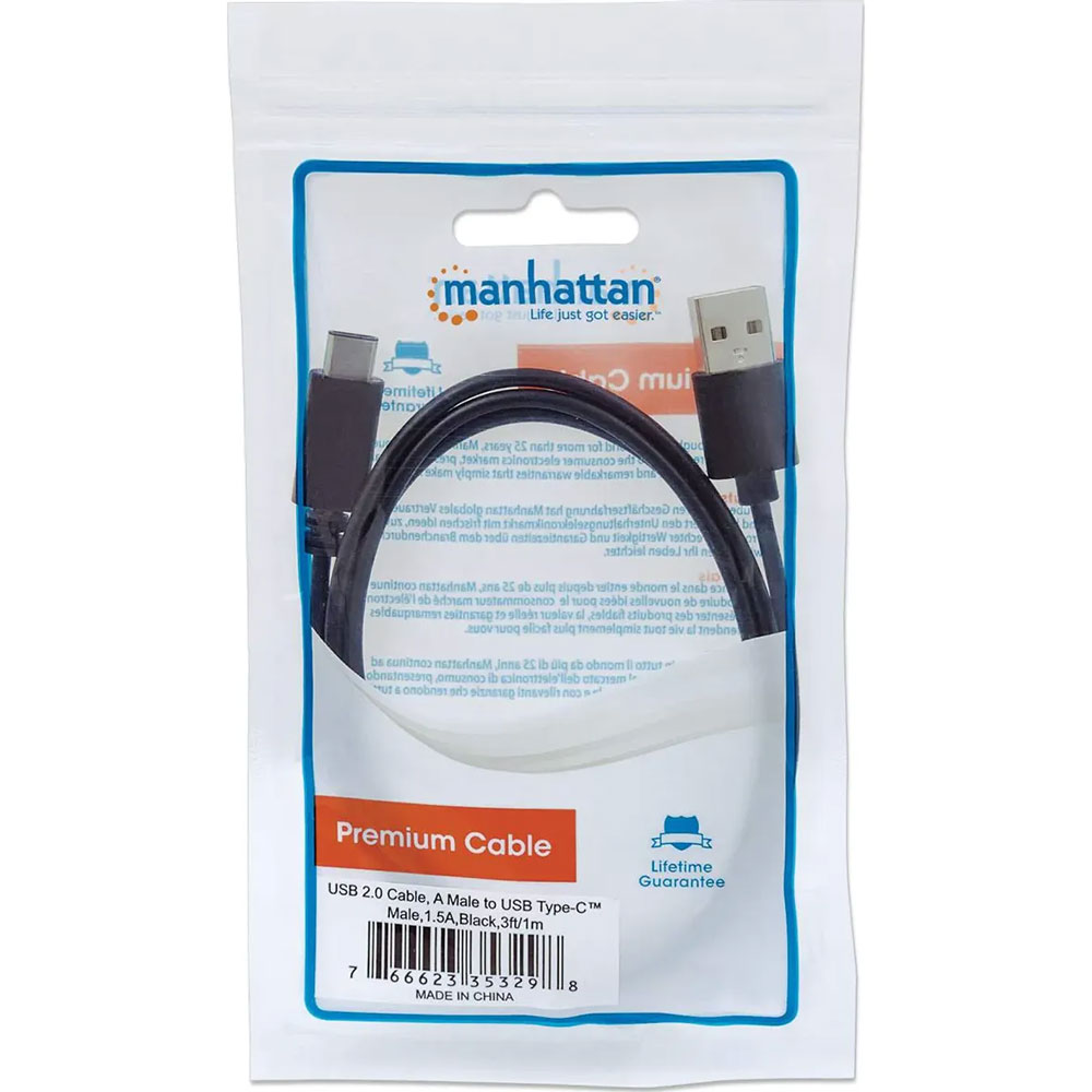 Cable Manhattan Usb A Usb-C Para Móvil 1M Negro | Papelería Lumen