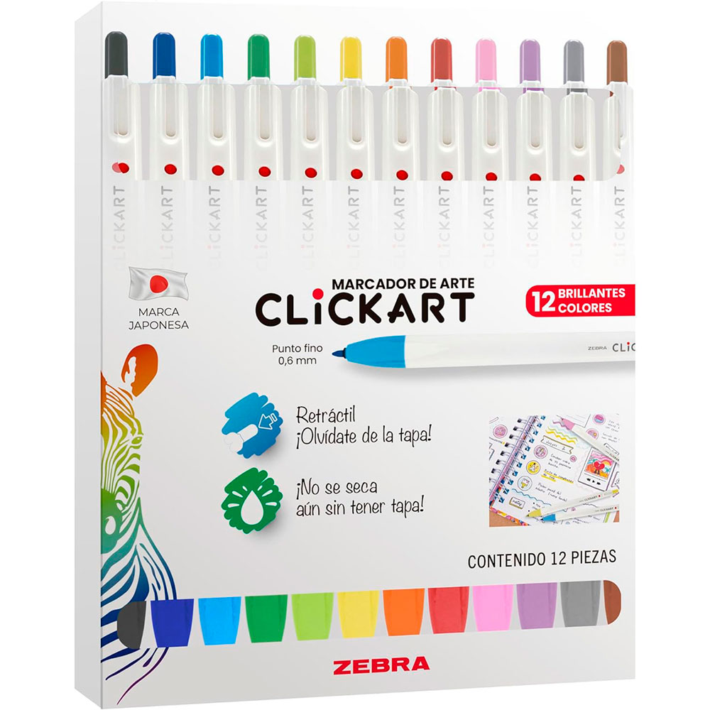 Marcadores Retráctiles Zebra Clickart Vivid Paquete con 12 | Papelería ...