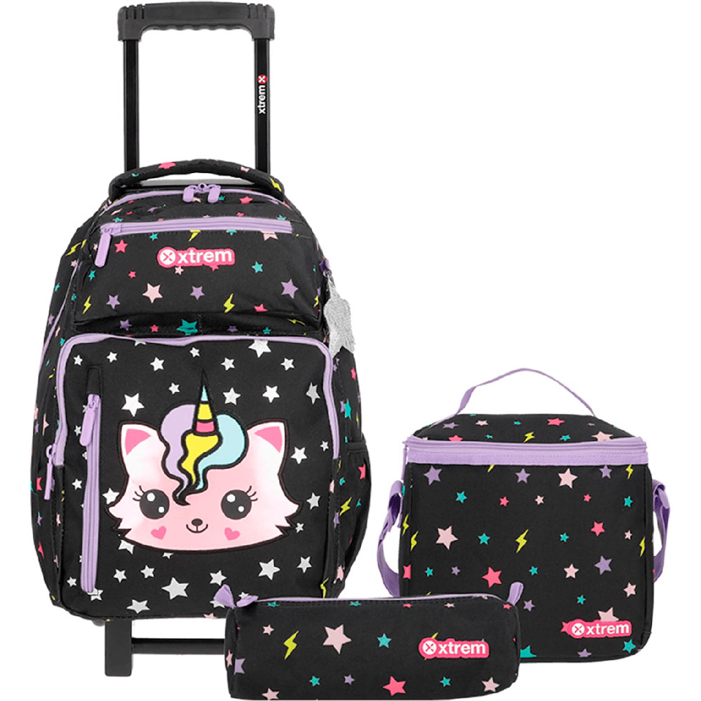 Kit Mochila Con Ruedas Xtrem New Run Gato Negro 3 Piezas | Papelería Lumen