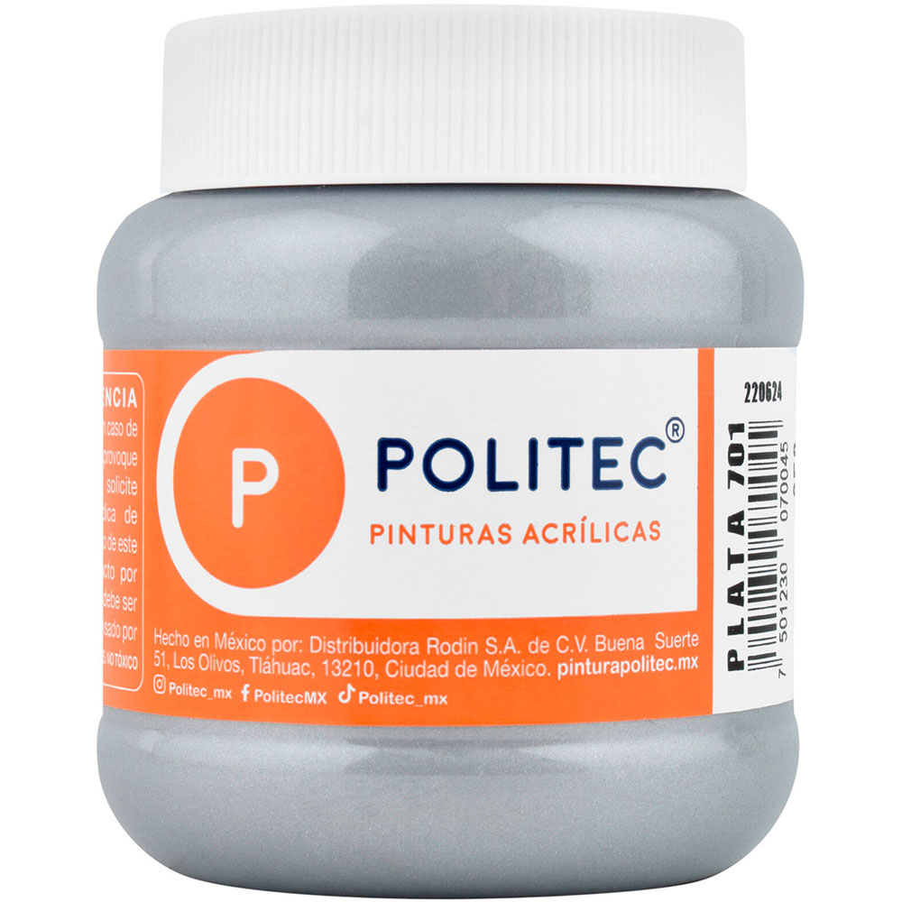 Pintura Acrílica Politec Metálica Plata L/700 250 ML | Papelería Lumen