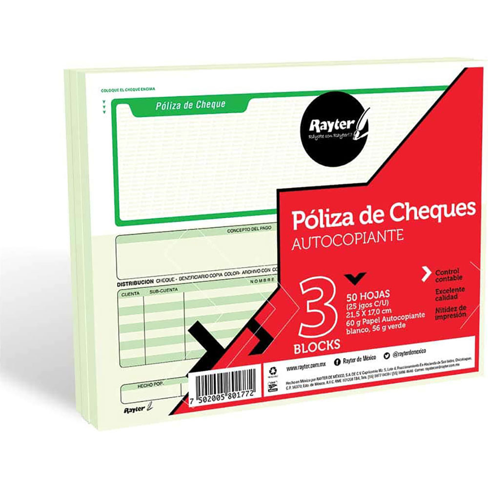 Poliza Cheque Autocopiante Rayter 1/2 25 Hojas Con 3 Piezas | Lumen