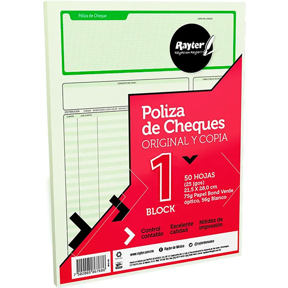 Poliza Cheque Autocopiante Rayter T/C 25 Hojas Con 3 Piezas | Lumen